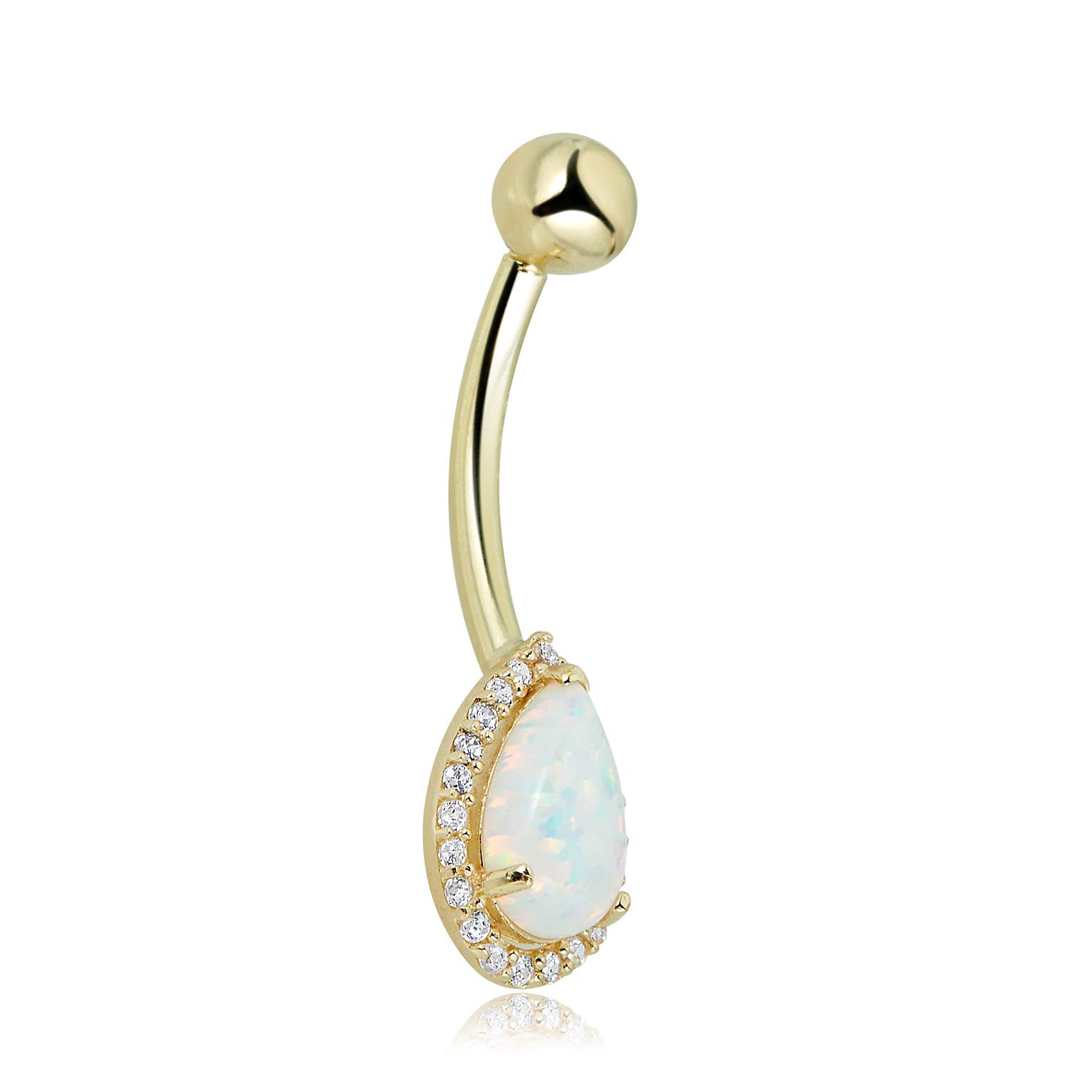 AVORA 10K Yellow Gold Pear-shaped Simulated Opal with Simulated Diamond CZ Halo Belly Button Ring Body Jewelry (14 Gauge) - Size 0