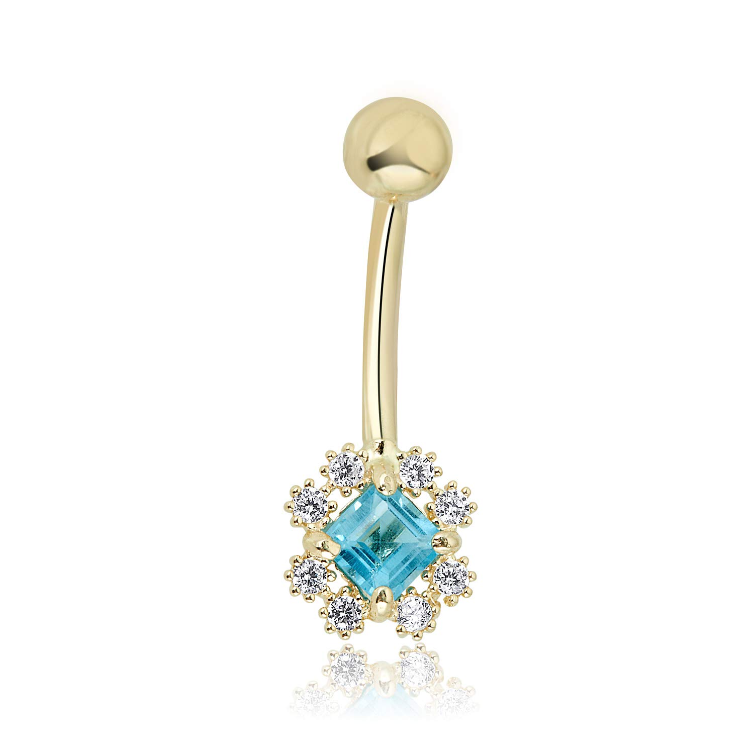 AVORA 10K Yellow Gold Princess-cut Simulated Diamond CZ Halo Belly Button Ring Body Jewelry (14 Gauge)