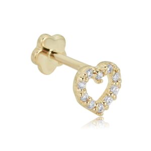 avora 14k yellow gold simulated diamond cz open heart cartilage piercing flat back earring body jewelry (18 gauge)