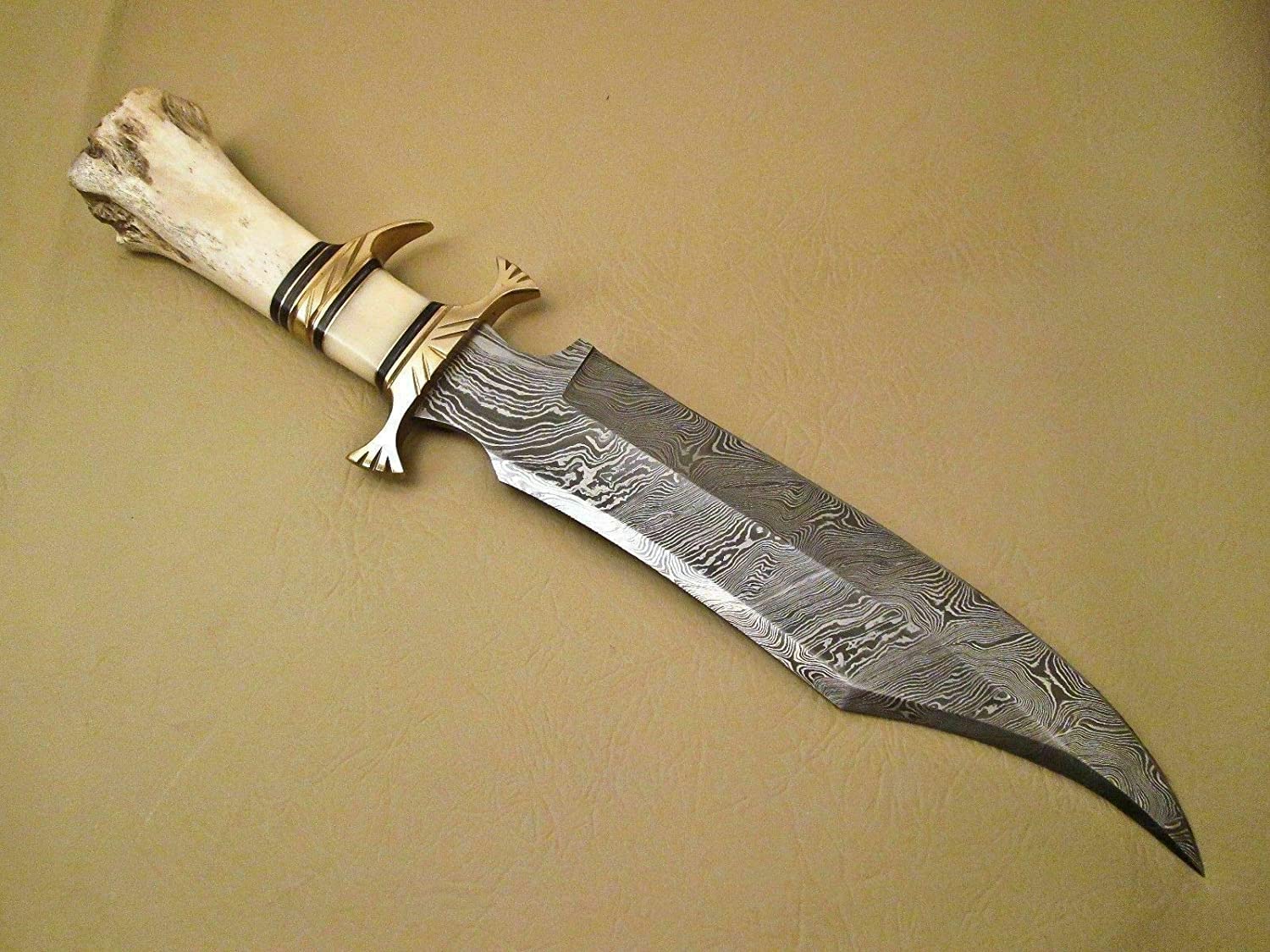 Skokie Knives Custom Hand Made Damascus Steel Hunting Knife Handle Camel Bone