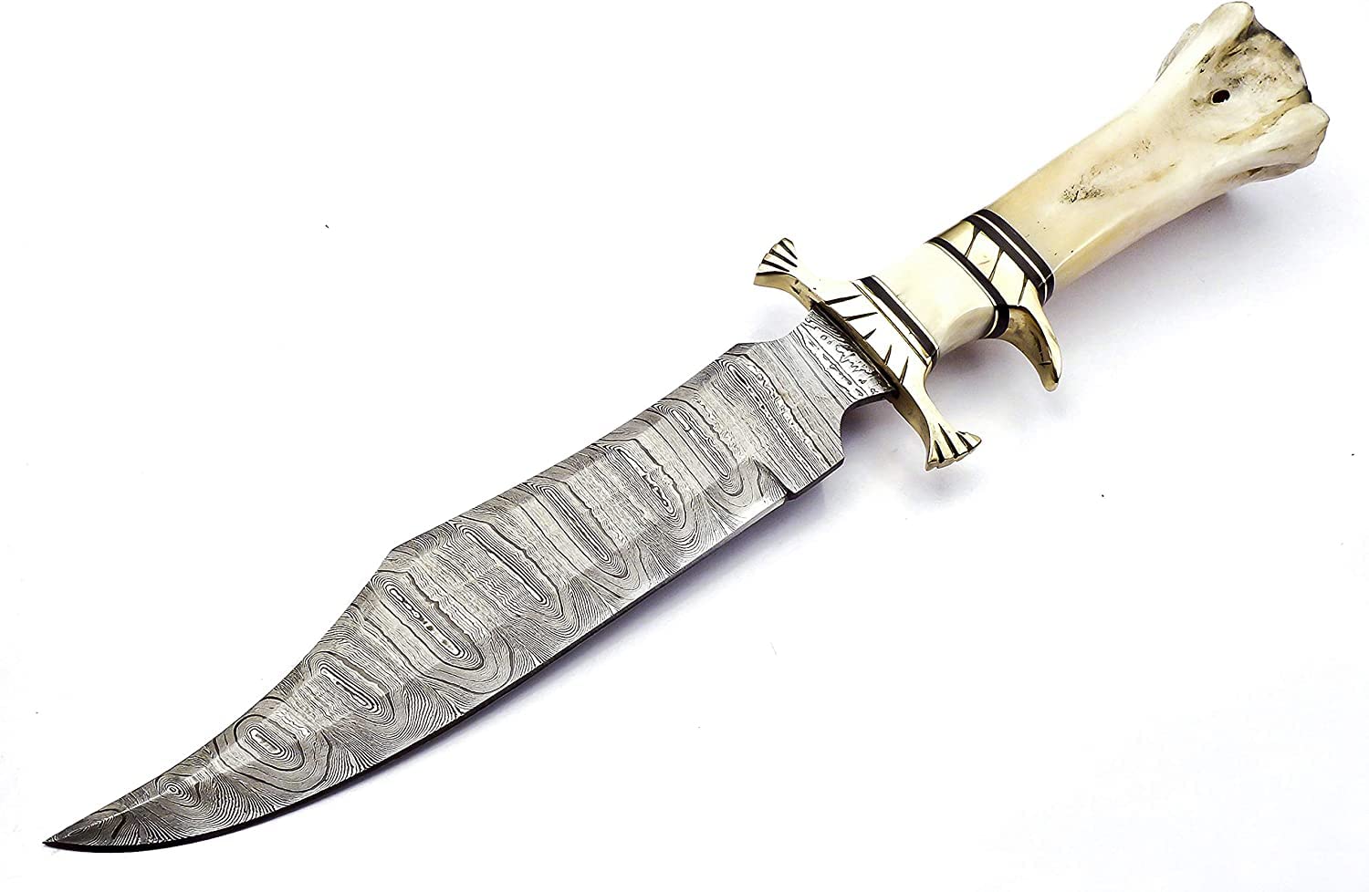 Skokie Knives Custom Hand Made Damascus Steel Hunting Knife Handle Camel Bone