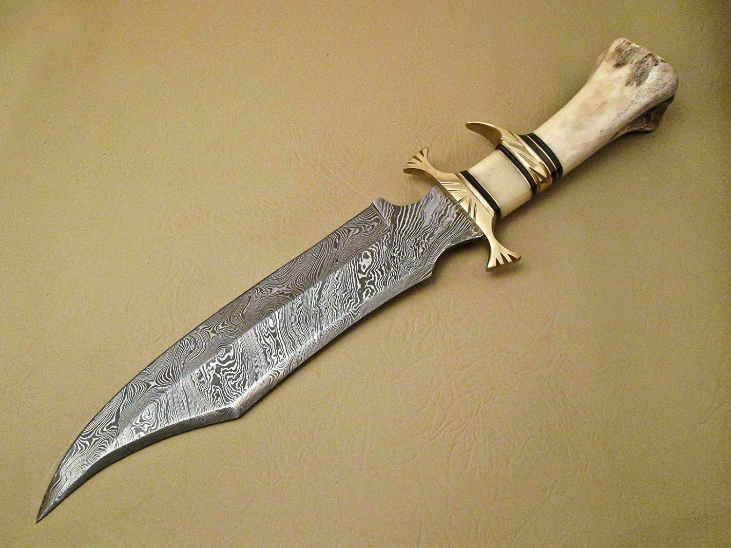 Skokie Knives Custom Hand Made Damascus Steel Hunting Knife Handle Camel Bone