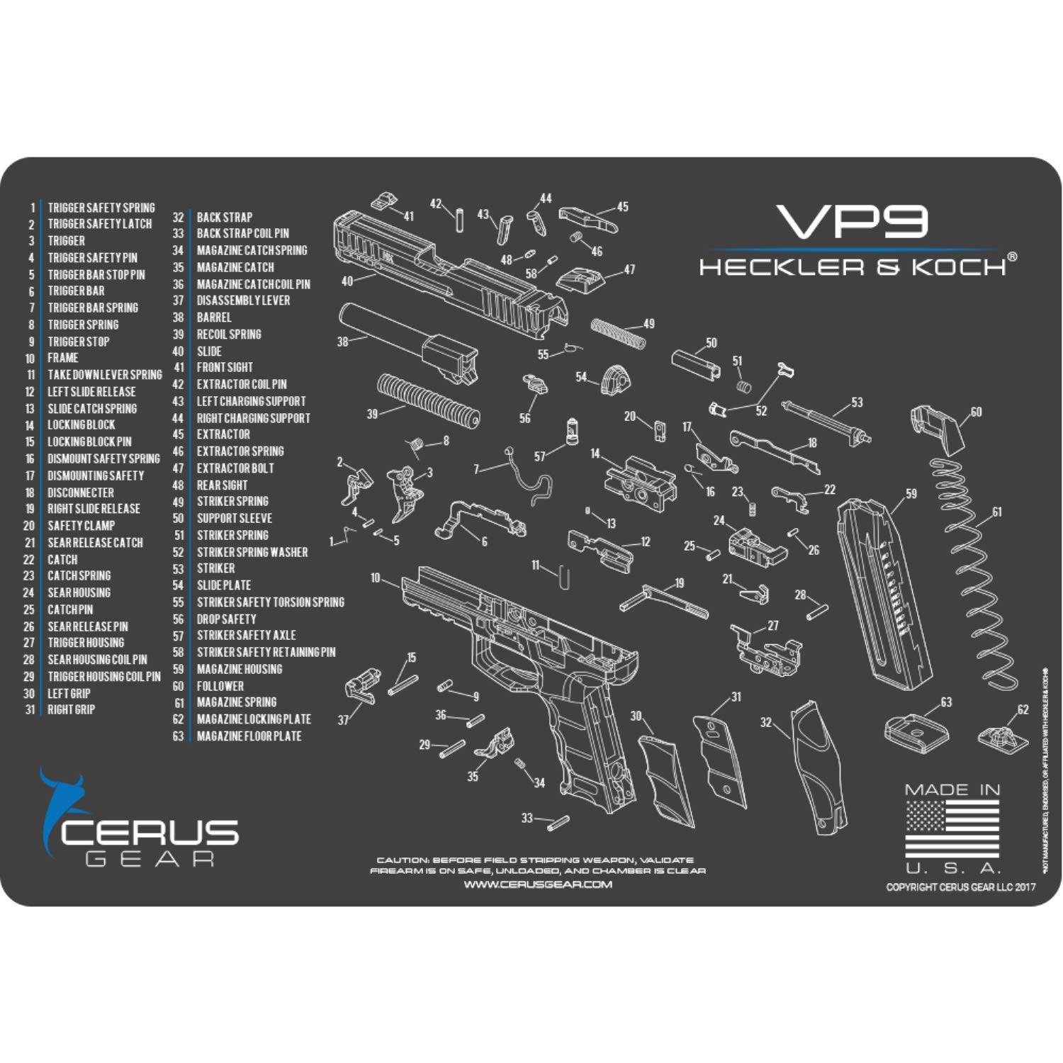 EDOG Heckler & Koch VP9 Cerus Gear Schematic (Exploded View) Heavy Duty Pistol Cleaning 12x17 Padded Gun-Work Surface Protector Mats Solvent & Oil Resistant