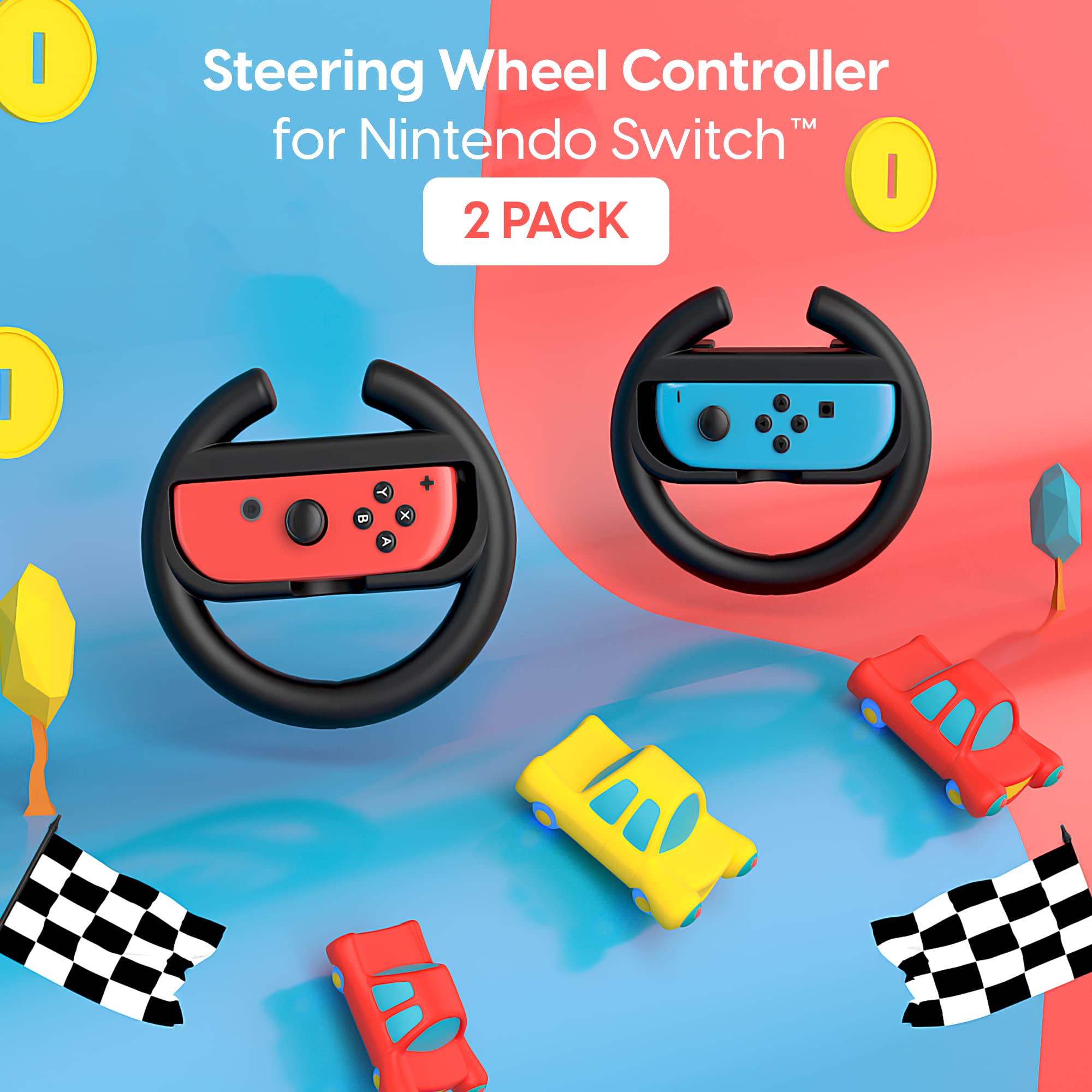 TALK WORKS Nintendo Switch Racing Wheel Controllers - Grips for Joy-Con - Driving Grip Accessory with Comfortable Design for Smooth Gaming - Compatible with Switch OLED - Black, 2 Pack