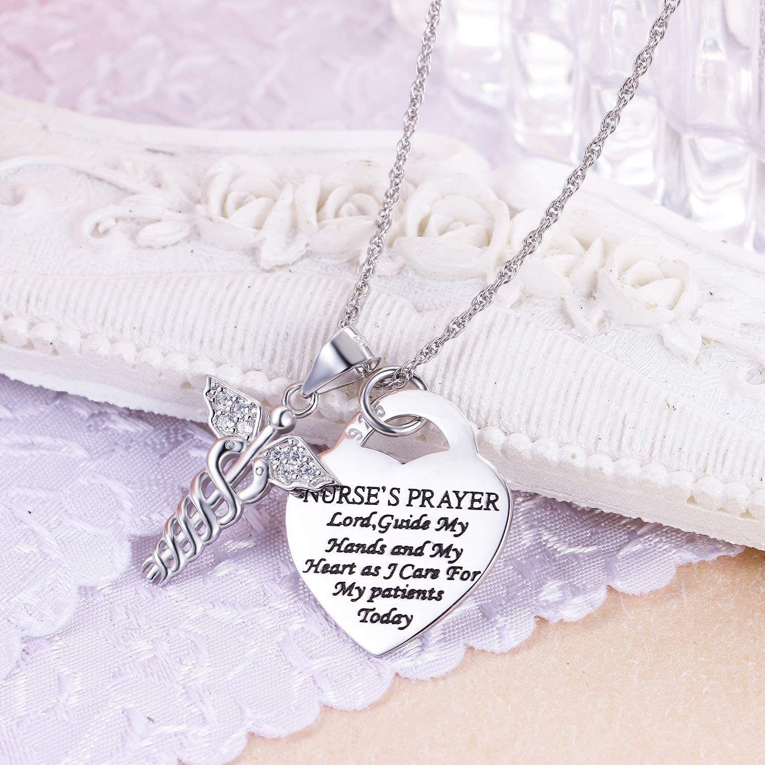 BriLove Gifts for Mom 925 Sterling Silver Necklace for Women Caduceus Angel Nursing Themed Pendant Necklace for Mothers Day/Valentines Day/Birthday/Christmas/Anniversary