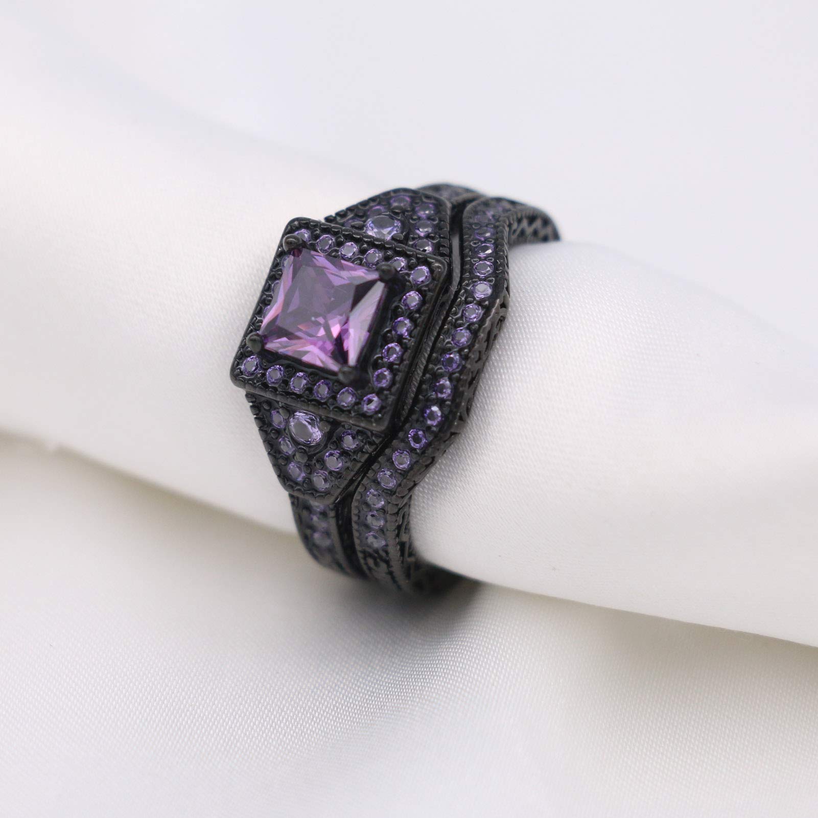 Black Gold Plated Womens Wedding Ring Sets Bridal Sets Princess cut Purple Cz Engagement Ring Wedding Band