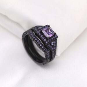 Black Gold Plated Womens Wedding Ring Sets Bridal Sets Princess cut Purple Cz Engagement Ring Wedding Band