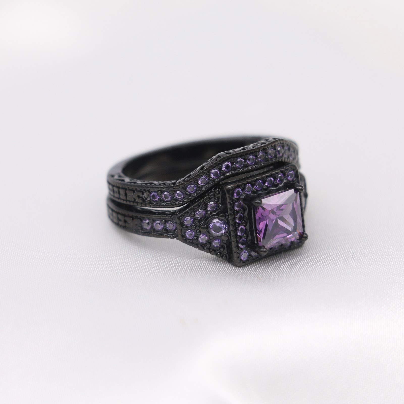 Black Gold Plated Womens Wedding Ring Sets Bridal Sets Princess cut Purple Cz Engagement Ring Wedding Band