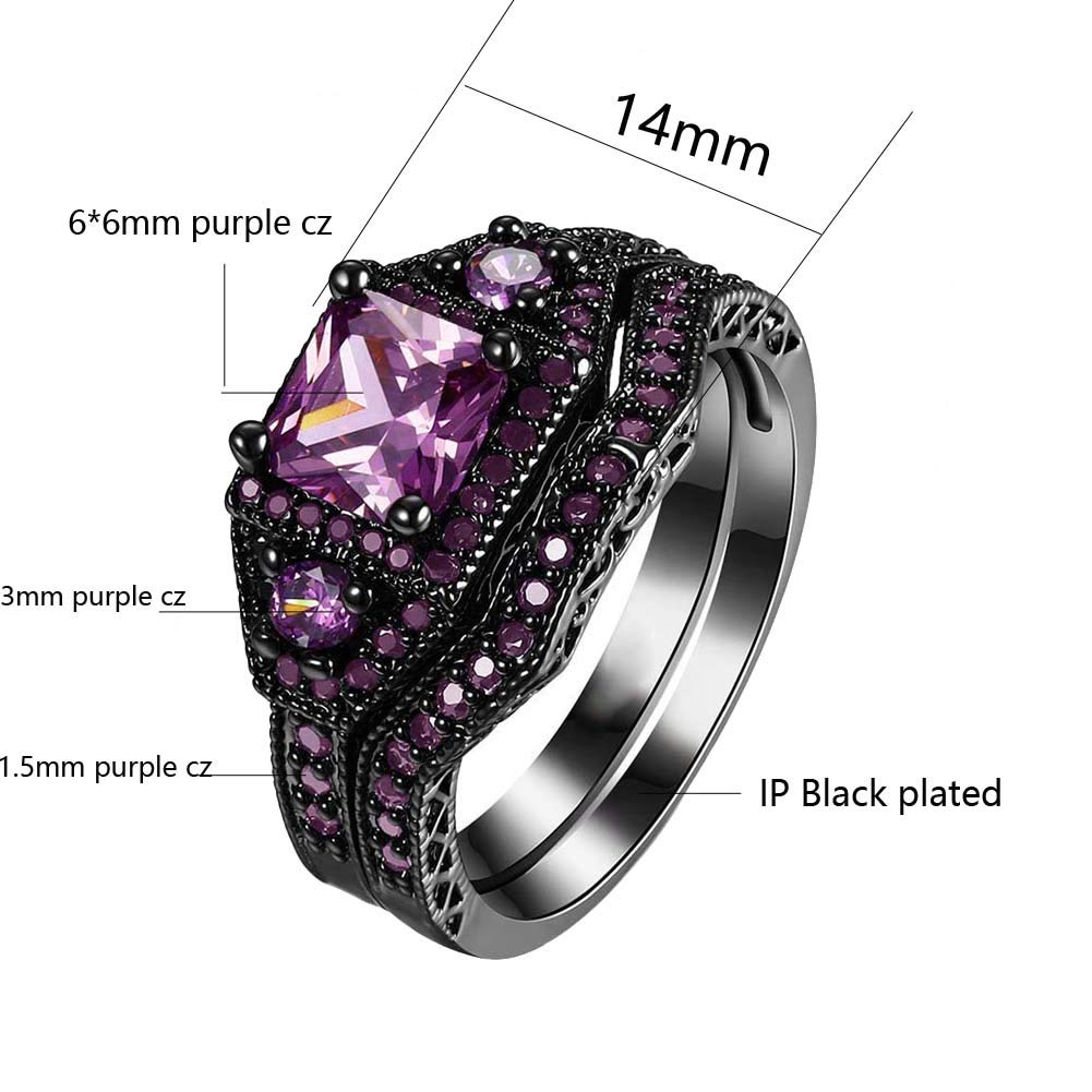 Black Gold Plated Womens Wedding Ring Sets Bridal Sets Princess cut Purple Cz Engagement Ring Wedding Band