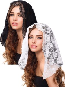 2 pieces floral lace veils head covering latin mass mantilla veils short scarf for bridal women (simple style,medium)