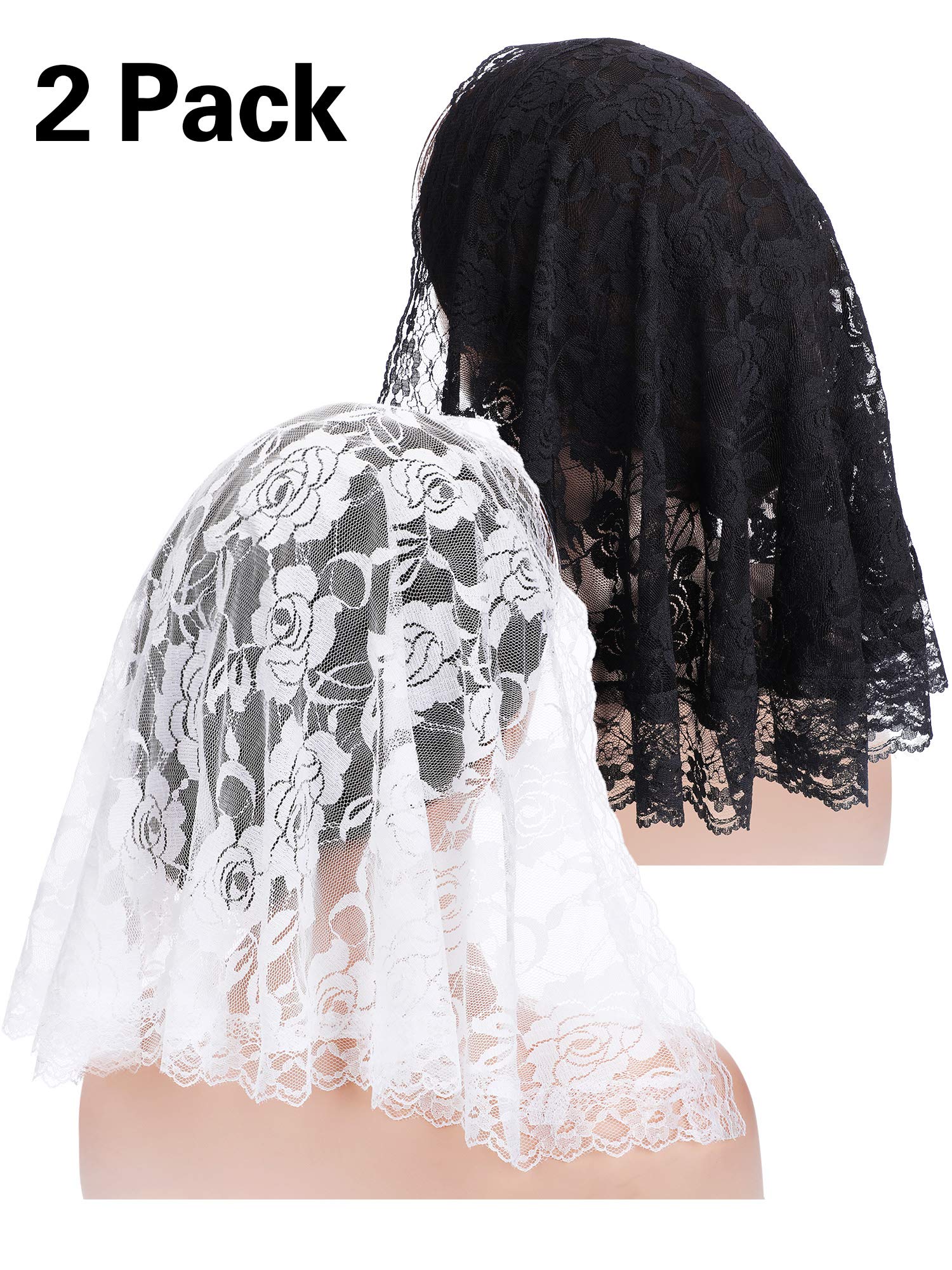 2 Pieces Floral Lace Veils Head Covering Latin Mass Mantilla Veils Short Scarf for Bridal Women (Simple Style,Medium)