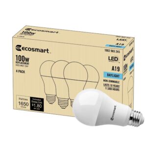 EcoSmart 100-Watt Equivalent A19 Non-Dimmable CEC LED Light Bulb Daylight (4-Pack)