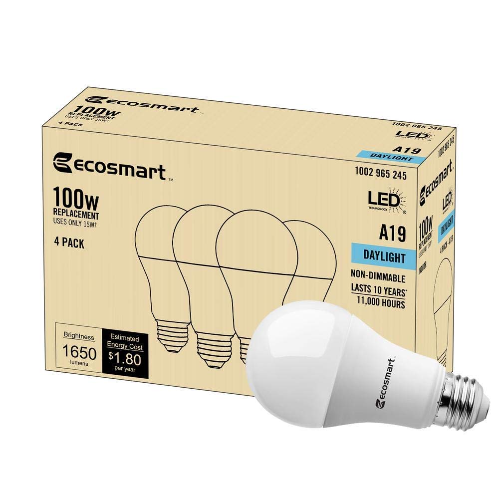 EcoSmart 100-Watt Equivalent A19 Non-Dimmable CEC LED Light Bulb Daylight (4-Pack)