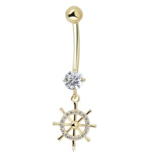 avora 10k yellow gold simulated diamond cz nautical ship wheel dangling belly button ring body jewelry (14 gauge)