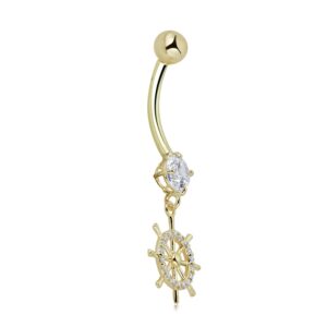 AVORA 10K Yellow Gold Simulated Diamond CZ Nautical Ship Wheel Dangling Belly Button Ring Body Jewelry (14 Gauge)