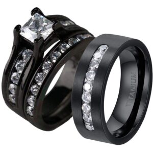 ringheart 2 rings his her wedding ring sets for him and her couple rings black matching ring women engagement