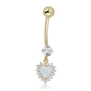 avora 10k yellow gold simulated opal heart halo with simulated diamond cz dangle belly button ring body jewelry (14 gauge) - size 0