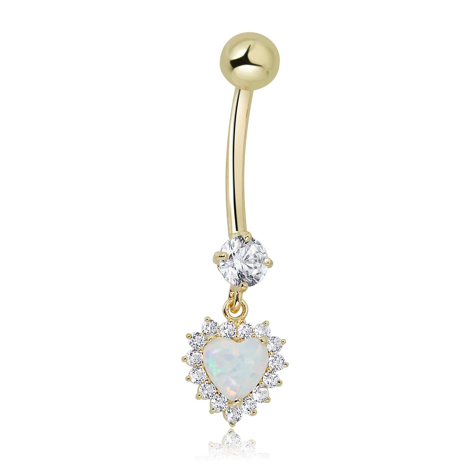 AVORA 10K Yellow Gold Simulated Opal Heart Halo with Simulated Diamond CZ Dangle Belly Button Ring Body Jewelry (14 Gauge) - Size 0