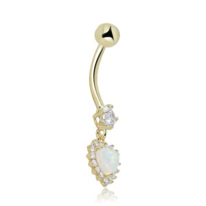 AVORA 10K Yellow Gold Simulated Opal Heart Halo with Simulated Diamond CZ Dangle Belly Button Ring Body Jewelry (14 Gauge) - Size 0