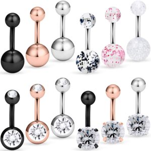 dyknasz 14g 6mm (1/4") short length surgical steel belly button rings clear diamond cz navel ring body piercing jewelry for women men 12 pieces silver-tone rose gold black