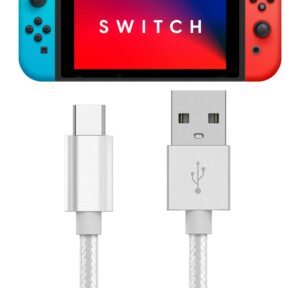 talk works nintendo switch charger usb c braided nylon cable accessory - extra long 6' flexible charging cord for switch lite / oled (silver)