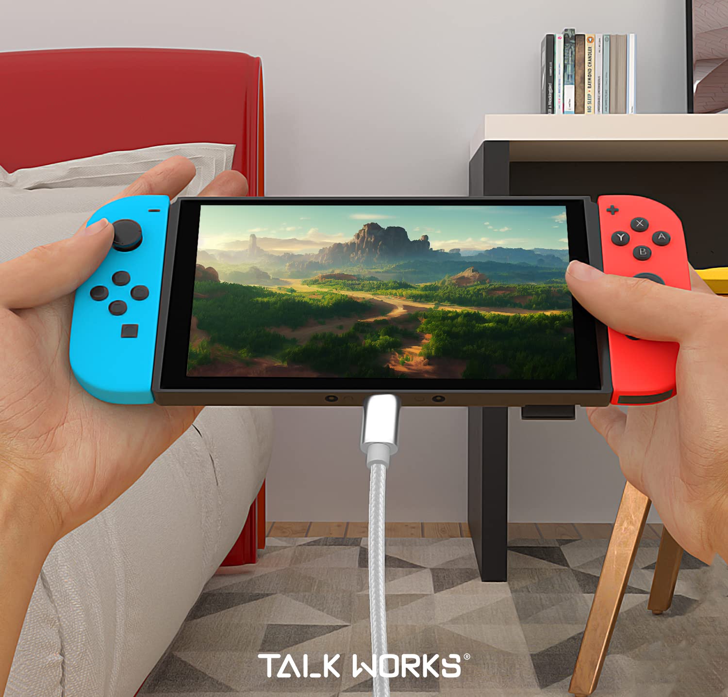 TALK WORKS Nintendo Switch Charger USB C Braided Nylon Cable Accessory - Extra Long 6' Flexible Charging Cord For Switch Lite / OLED (Silver)