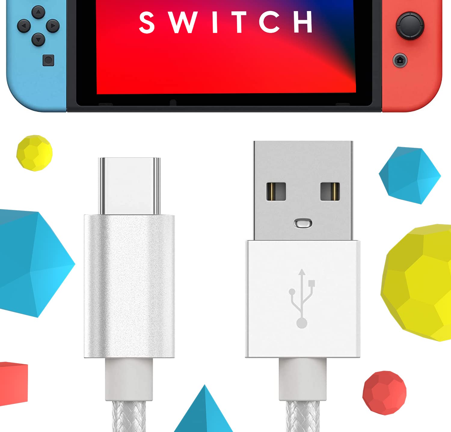 TALK WORKS Nintendo Switch Charger USB C Braided Nylon Cable Accessory - Extra Long 6' Flexible Charging Cord For Switch Lite / OLED (Silver)