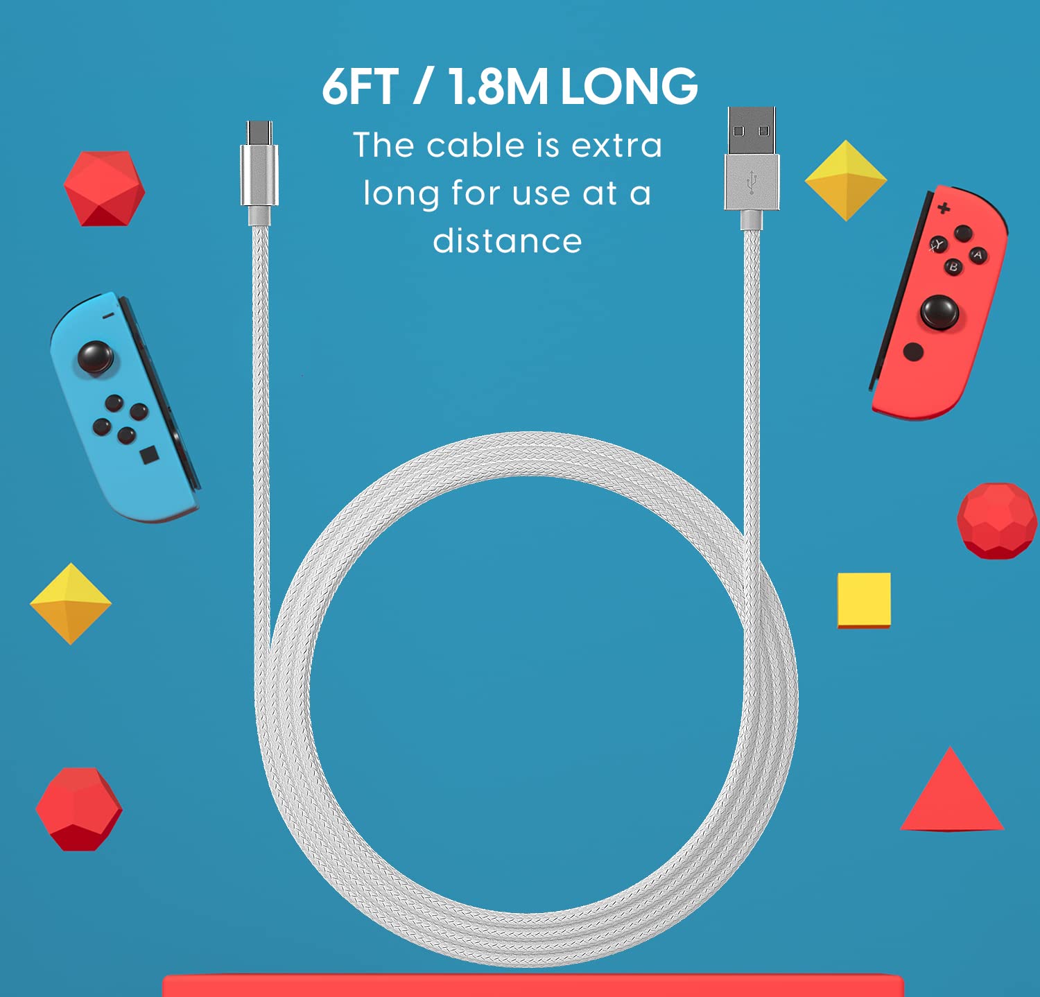 TALK WORKS Nintendo Switch Charger USB C Braided Nylon Cable Accessory - Extra Long 6' Flexible Charging Cord For Switch Lite / OLED (Silver)