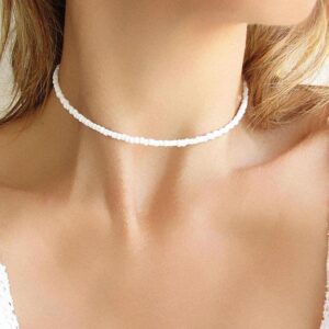 Tgirls Boho Choker Necklace Chain Rice Beaded Necklaces Seed Bead Necklace Accessory for Women (White)