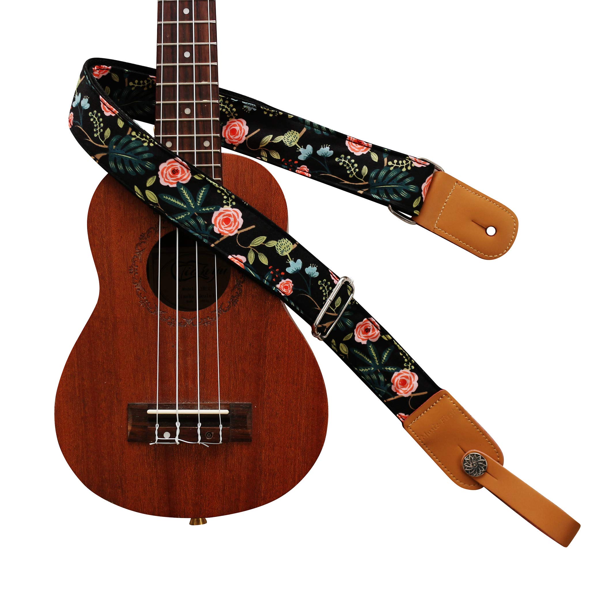 MUSIC FIRST Original Design “Dark Night Garden” Soft Muslin & Genuine Leather Ukulele Strap Ukulele Shoulder Strap With a Genuine Leather Strap Locker