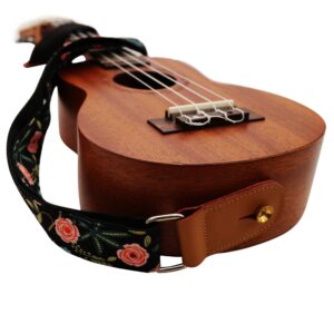 MUSIC FIRST Original Design “Dark Night Garden” Soft Muslin & Genuine Leather Ukulele Strap Ukulele Shoulder Strap With a Genuine Leather Strap Locker