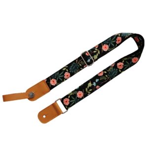 MUSIC FIRST Original Design “Dark Night Garden” Soft Muslin & Genuine Leather Ukulele Strap Ukulele Shoulder Strap With a Genuine Leather Strap Locker