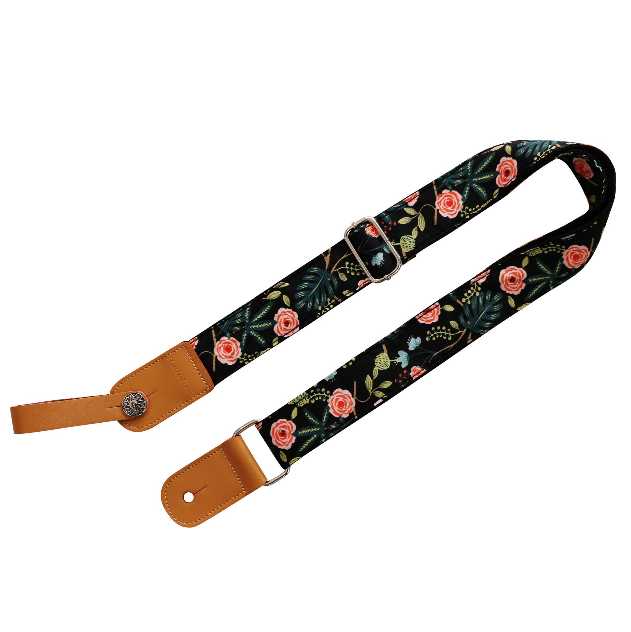 MUSIC FIRST Original Design “Dark Night Garden” Soft Muslin & Genuine Leather Ukulele Strap Ukulele Shoulder Strap With a Genuine Leather Strap Locker