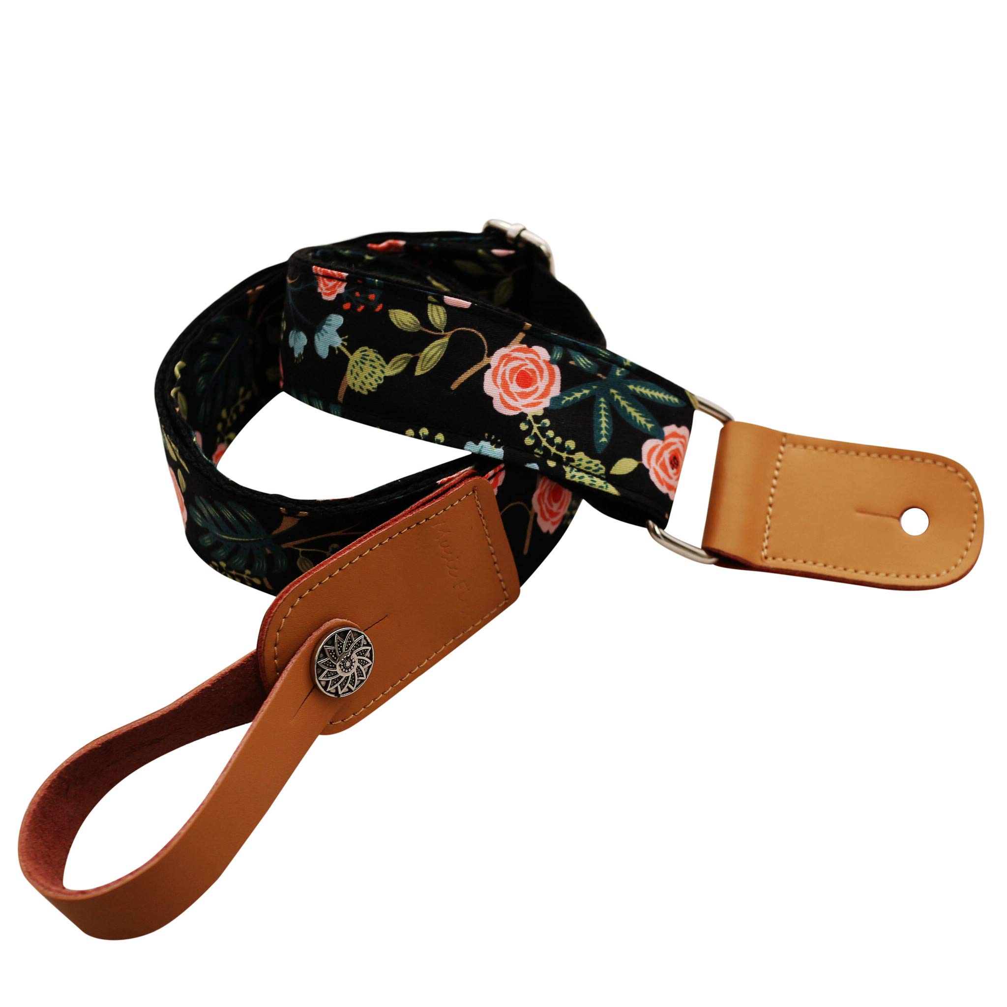 MUSIC FIRST Original Design “Dark Night Garden” Soft Muslin & Genuine Leather Ukulele Strap Ukulele Shoulder Strap With a Genuine Leather Strap Locker