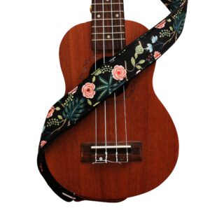 MUSIC FIRST Original Design “Dark Night Garden” Soft Muslin & Genuine Leather Ukulele Strap Ukulele Shoulder Strap With a Genuine Leather Strap Locker