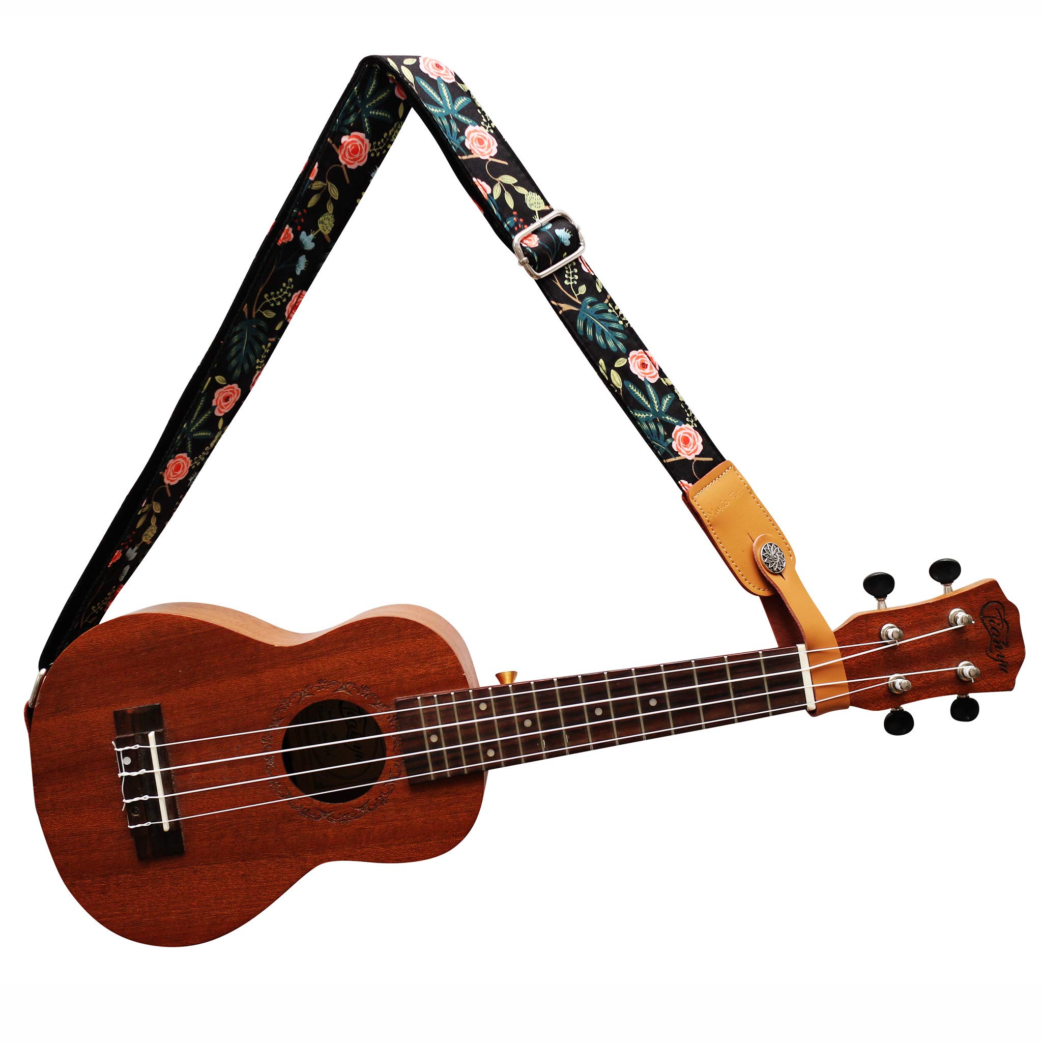 MUSIC FIRST Original Design “Dark Night Garden” Soft Muslin & Genuine Leather Ukulele Strap Ukulele Shoulder Strap With a Genuine Leather Strap Locker