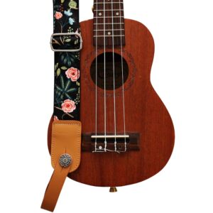 MUSIC FIRST Original Design “Dark Night Garden” Soft Muslin & Genuine Leather Ukulele Strap Ukulele Shoulder Strap With a Genuine Leather Strap Locker