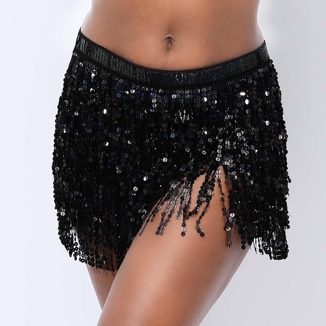 Zoestar Boho Sequin Tassel Hip Scarf Multilayer Belly Dance Belt Dance Performance Skirt for Women and Girls (Black)