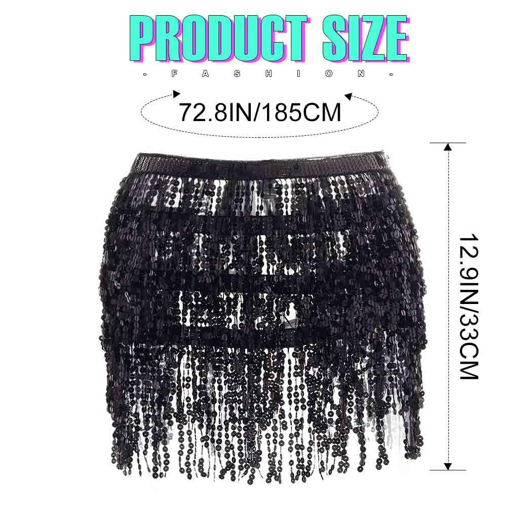 Zoestar Boho Sequin Tassel Hip Scarf Multilayer Belly Dance Belt Dance Performance Skirt for Women and Girls (Black)