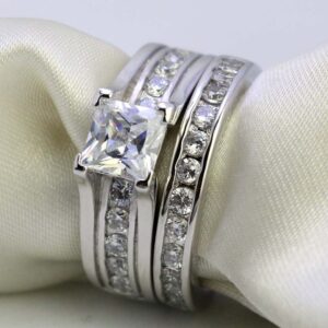 Bridal Sets White Gold Plated Womens Wedding Ring Sets Princess Cut Cz Engagement Ring 2pcs Wedding Band