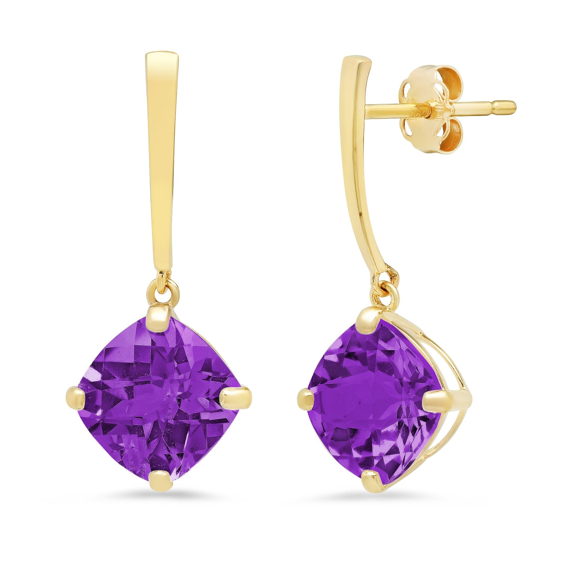 MAX + STONE 14k Yellow Gold Solitaire Cushion Cut Purple Amethyst Drop Dangle Earrings for Women 8mm February Birthstone with Push Backs