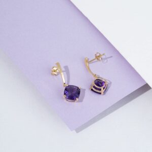 MAX + STONE 14k Yellow Gold Solitaire Cushion Cut Purple Amethyst Drop Dangle Earrings for Women 8mm February Birthstone with Push Backs