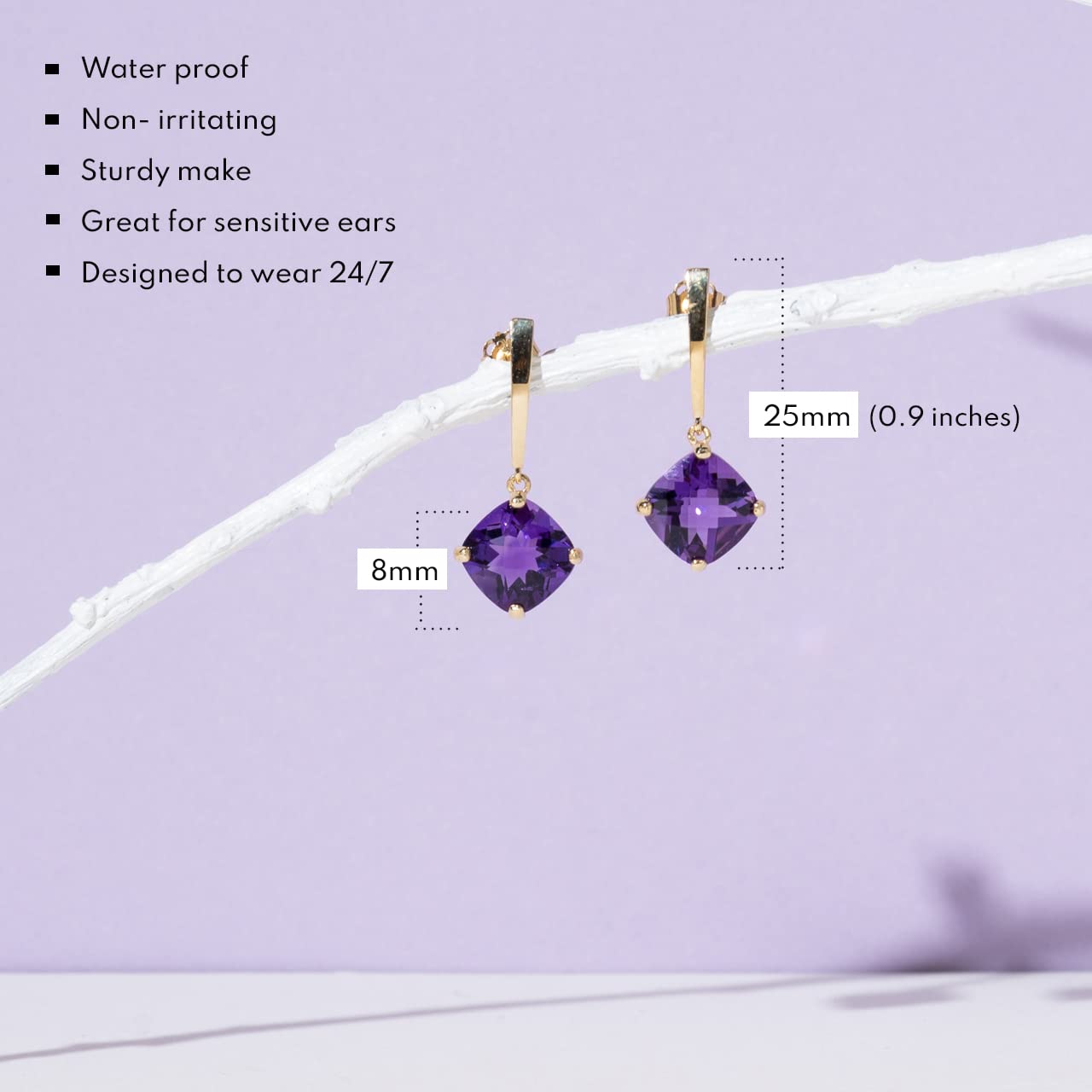 MAX + STONE 14k Yellow Gold Solitaire Cushion Cut Purple Amethyst Drop Dangle Earrings for Women 8mm February Birthstone with Push Backs