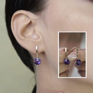 MAX + STONE 14k Yellow Gold Solitaire Cushion Cut Purple Amethyst Drop Dangle Earrings for Women 8mm February Birthstone with Push Backs