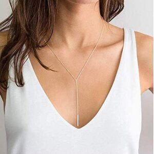 Dcfywl731 Minimal Dainty Gold Plated Dangle Earrings Layered Bar Pendant Neckalce Gold Long Y-Necklace Gold Earrings and Necklaces Set Delicate Lariat Chain Jewelry for Women