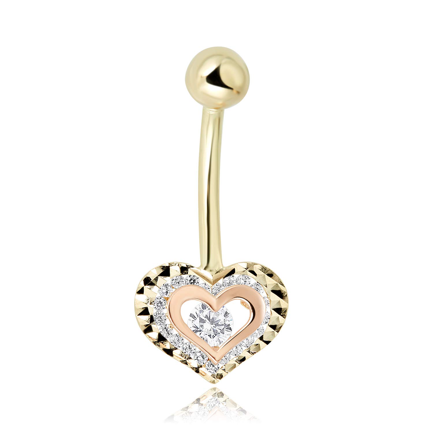 AVORA 10K 2-Tone Gold Simulated Diamond CZ and Diamond-cut Heart Belly Button Ring Body Jewelry (14 Gauge)