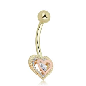 AVORA 10K 2-Tone Gold Simulated Diamond CZ and Diamond-cut Heart Belly Button Ring Body Jewelry (14 Gauge)