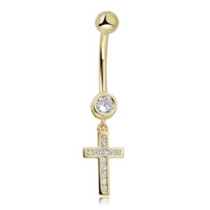 avora 10k yellow gold simulated diamond cz cross dangling belly button ring body jewelry (14 gauge)