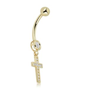 AVORA 10K Yellow Gold Simulated Diamond CZ Cross Dangling Belly Button Ring Body Jewelry (14 Gauge)