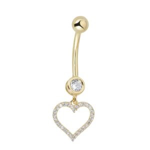 avora 10k yellow gold simulated diamond cz open heart dangling belly button ring body jewelry (14 gauge)